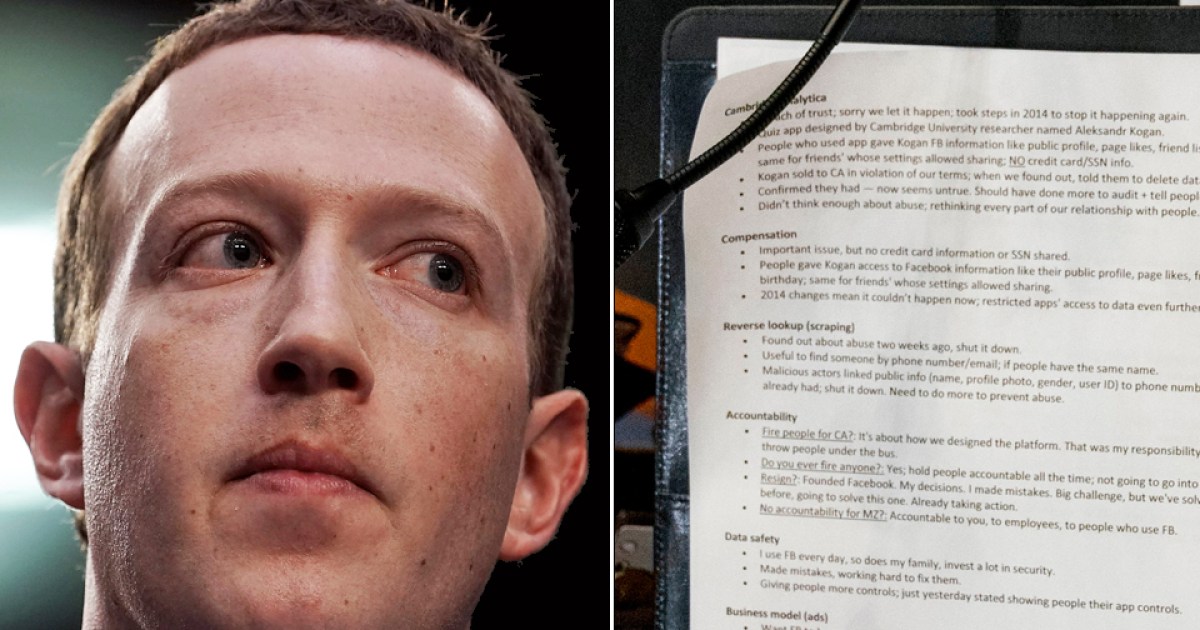Mark Zuckerberg's Congress cheat sheet revealed | The New Daily