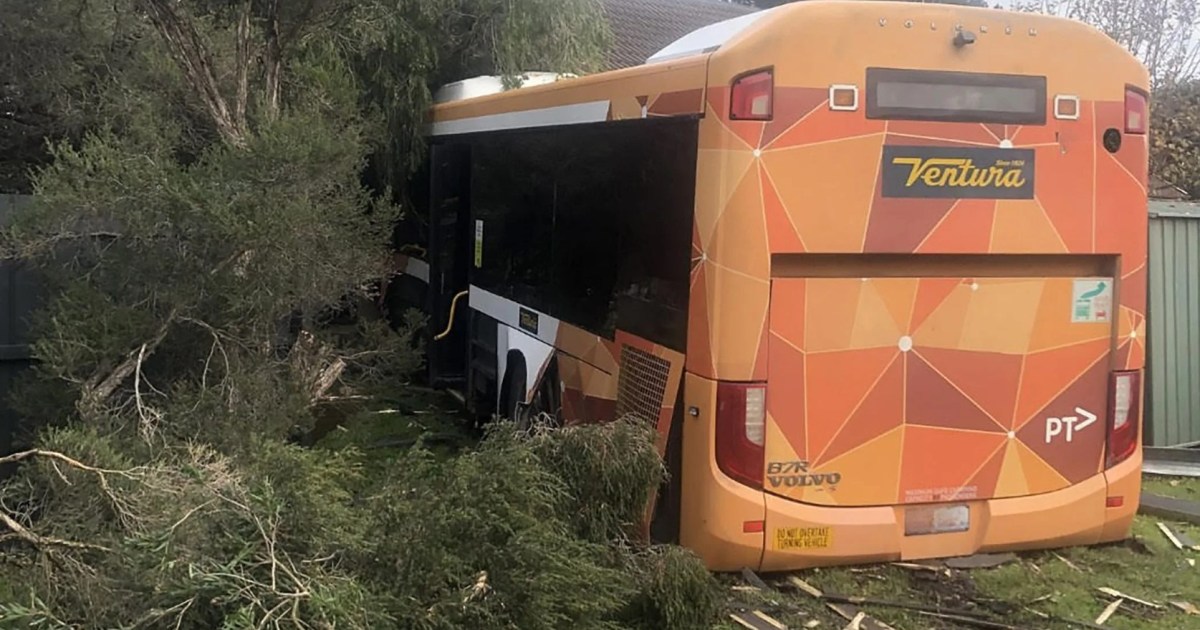 Two in hospital after public bus crashes through houses