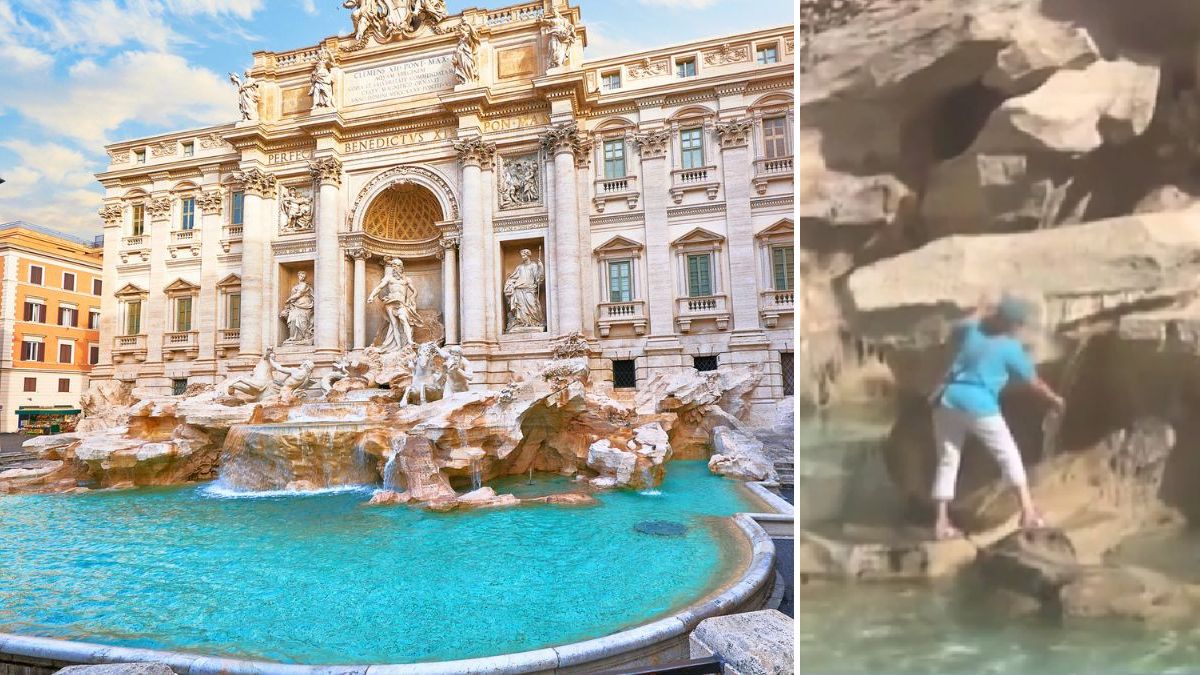 Tourist walks over Rome's Trevi Fountain to fill water bottle